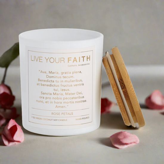 Catholic Prayer Candle, Ave Maria, Rose Petals. – Live Your Faith Catholic